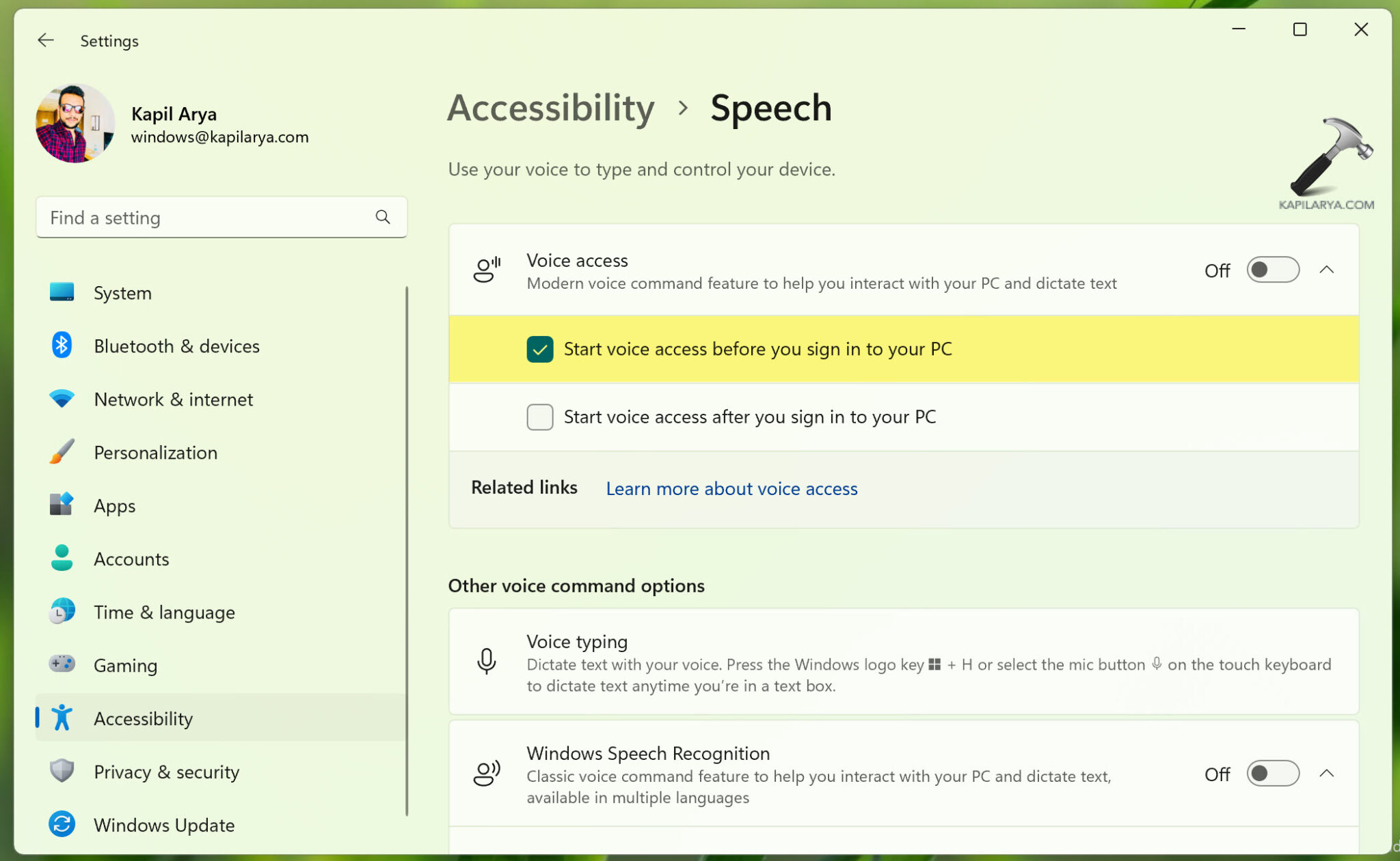 Login using Voice access in Windows 11